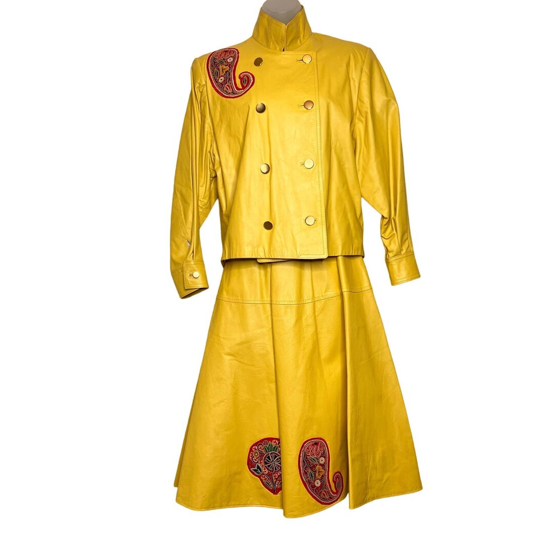 Vintage 80s Yellow Leather Dress Suit Paisley Accents Size Small Jacket ...