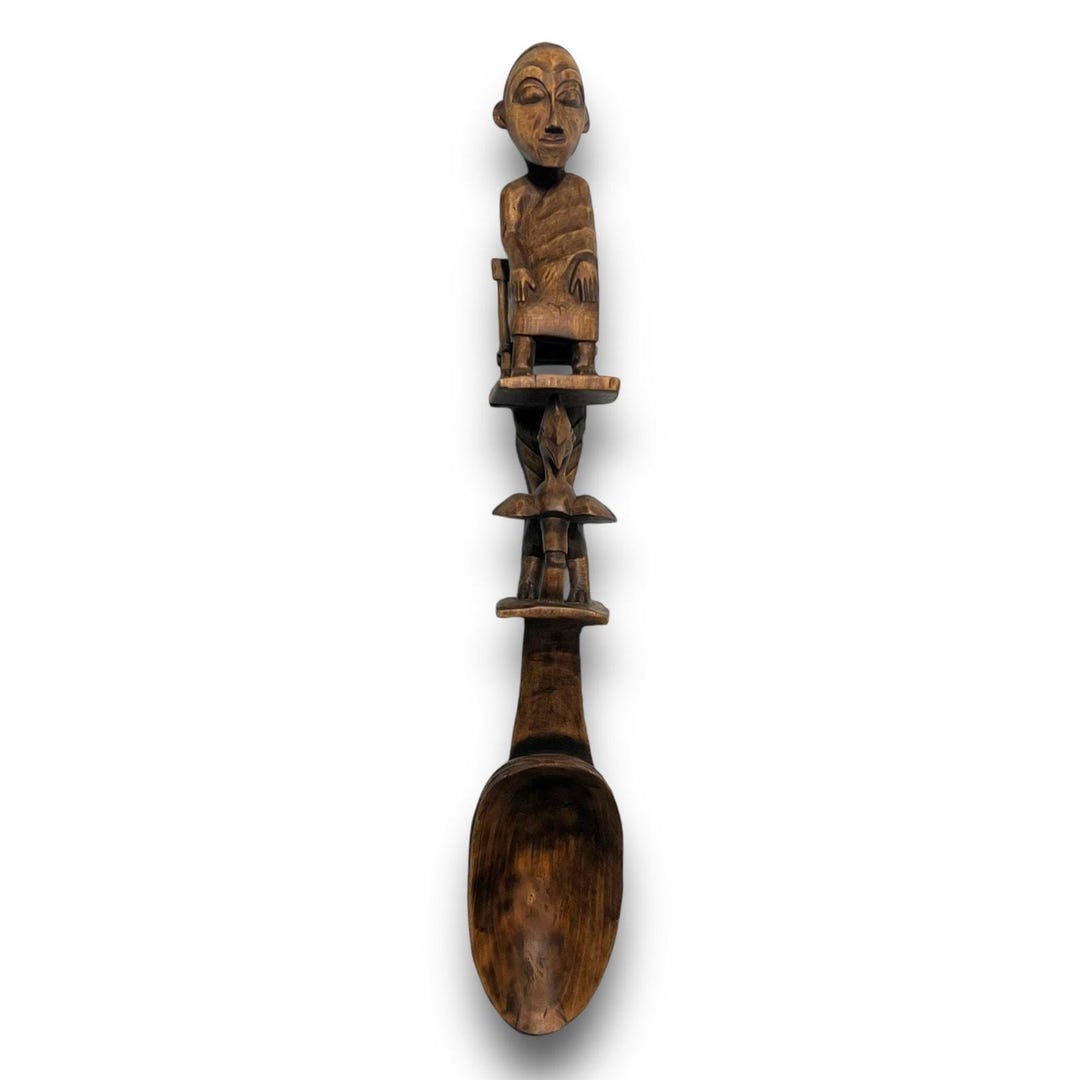 African Tribal Art Carved Wood Ladle Spoon Ceremonial Seated Figure ...