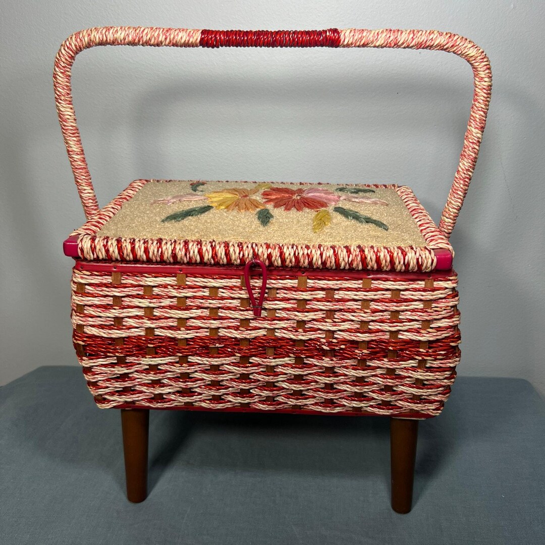 Vintage 60s Singer Wicker Woven Sewing Basket on Wooden Legs Raffia ...