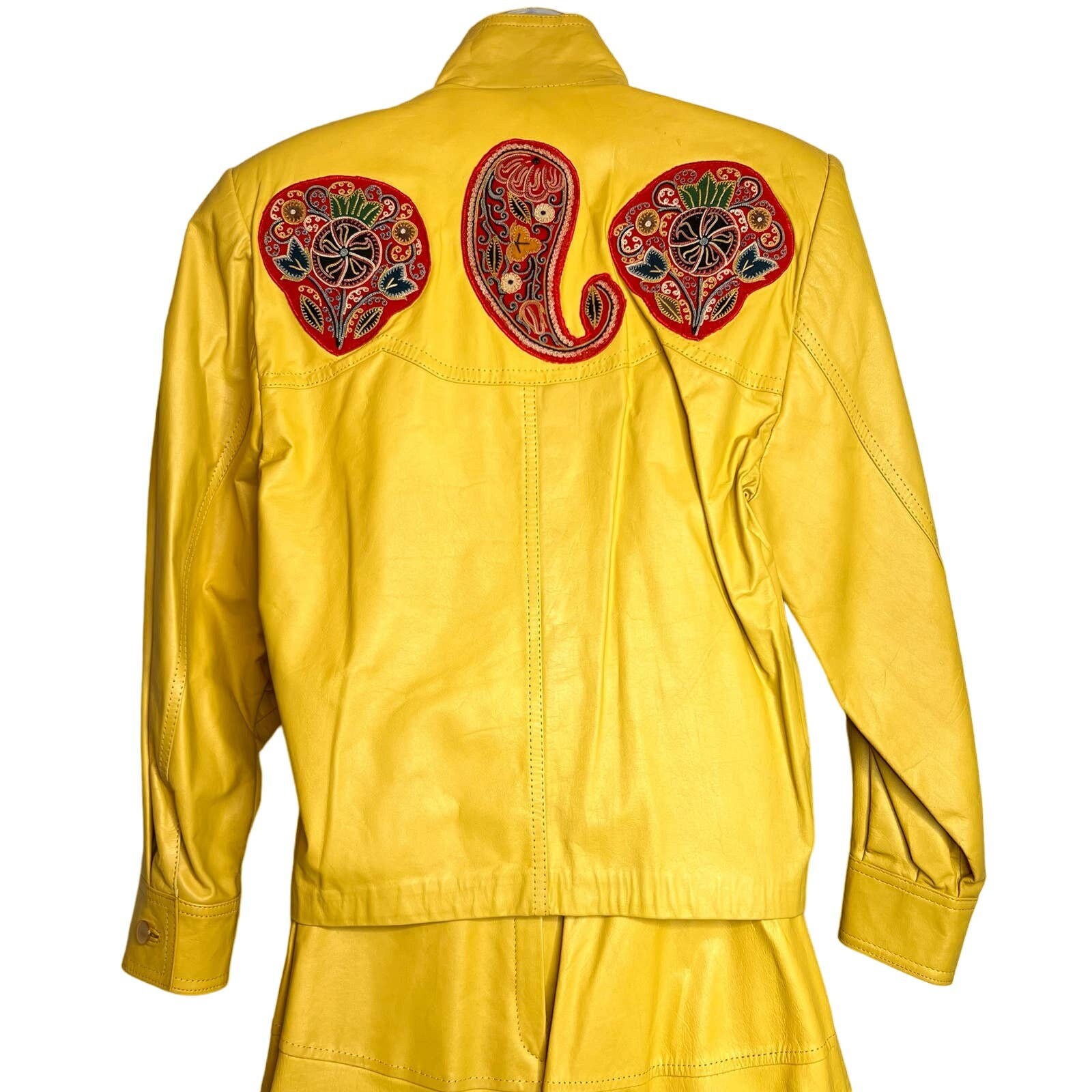 Vintage 80s Yellow Leather Dress Suit Paisley Accents Size Small Jacket ...
