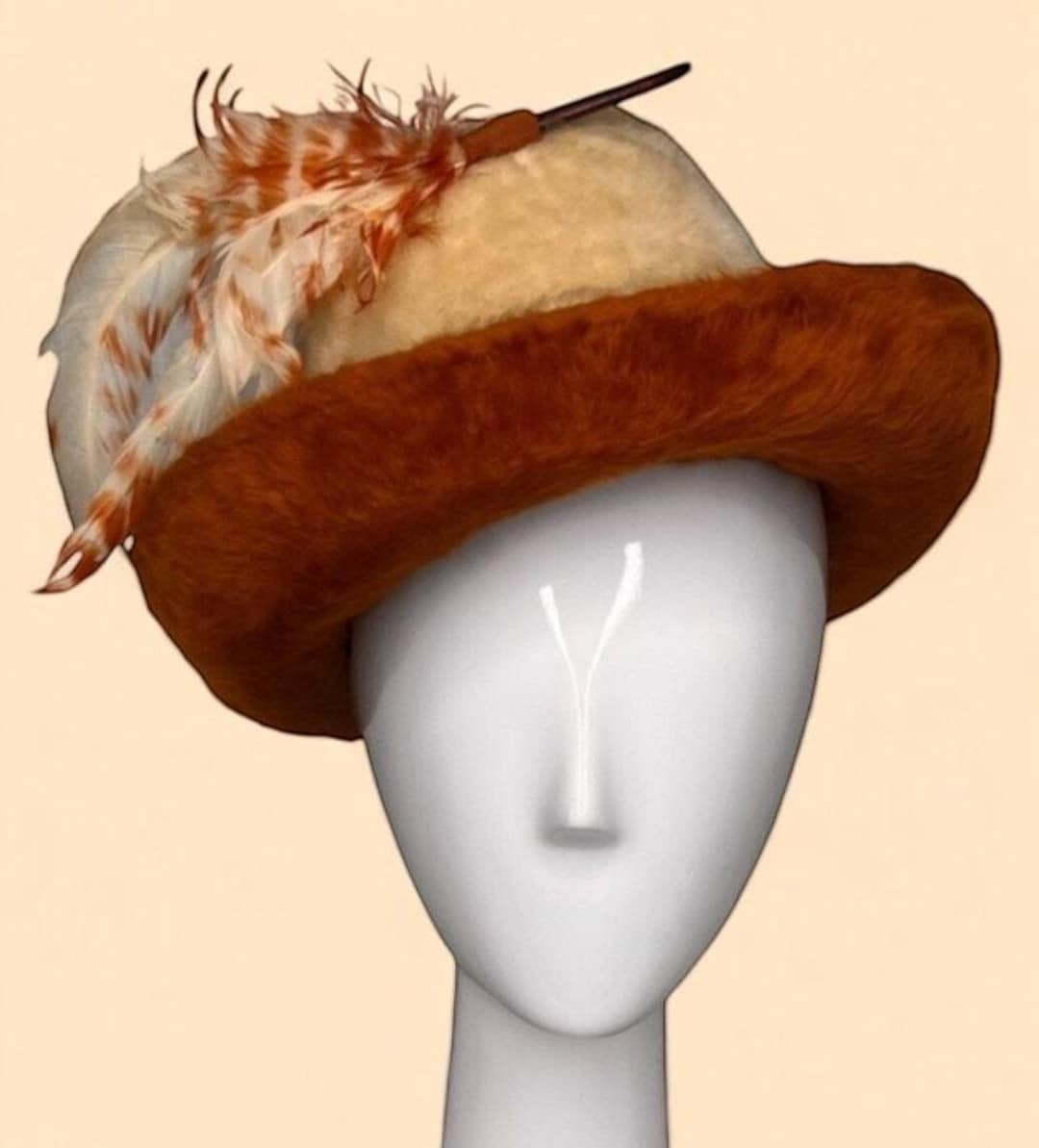 Vintage 60s 2 Tone White Rust Brown Breton Pinched Crown Fedora Hat Mod ...