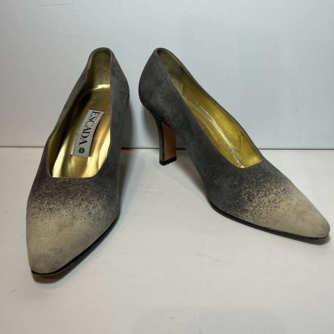 Escada Size 8 Gray Suede Ombre Pumps Pointed Toe Gold Lined Block ...