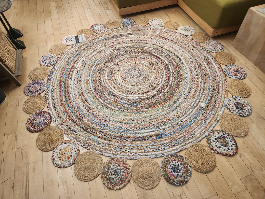 Round Recycled Chindi Cotton Jute Boho Rug With Tassel , 90cm/120cm ...