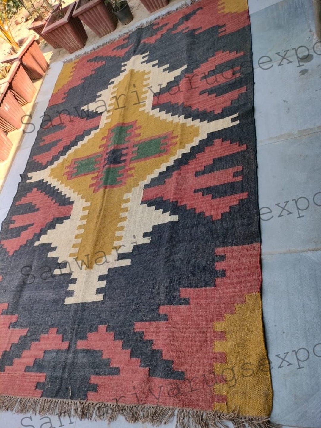 Handwoven Wool Jute Kilim Rug: Geometric Turkish Design - Etsy