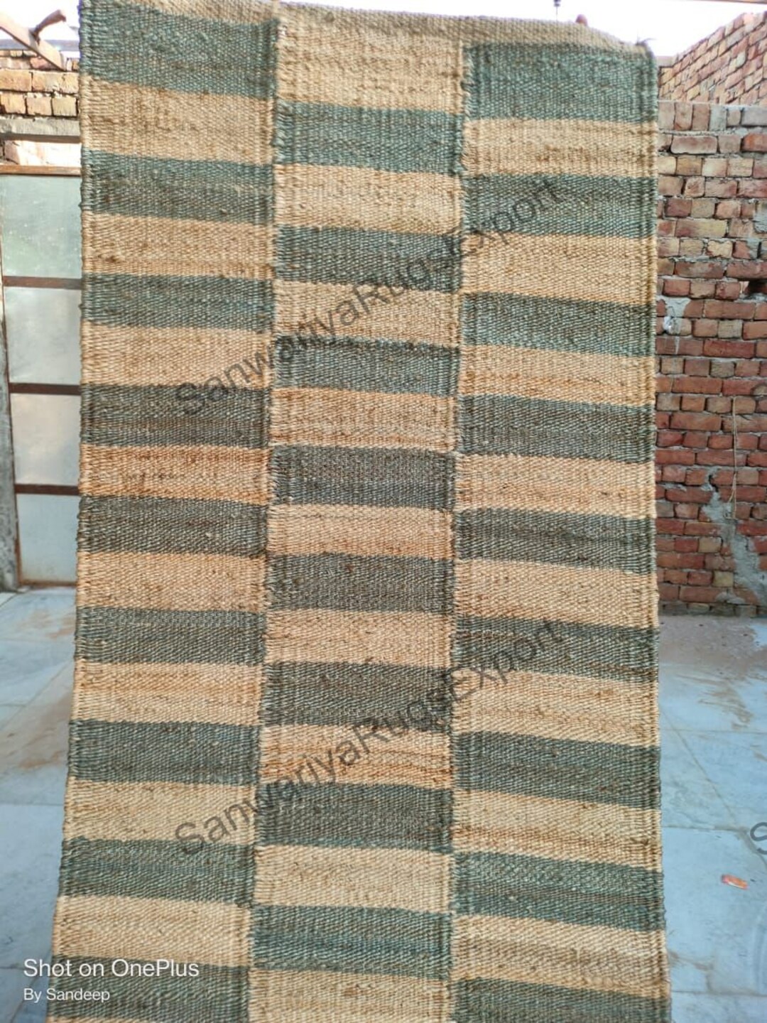 Natural and Grey Box Pattern Jute Runner Rug Eco Friendly Pure Vegan ...