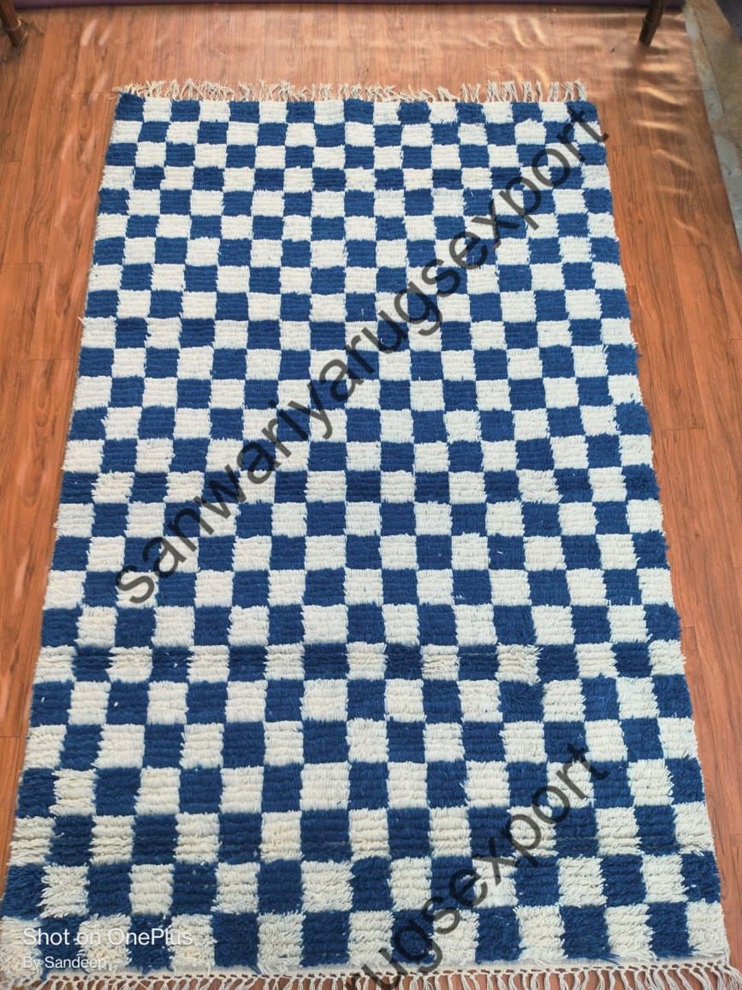 Bohemian Blue and White Checkered Rug Handmade Carpet Moroccan Hallway ...