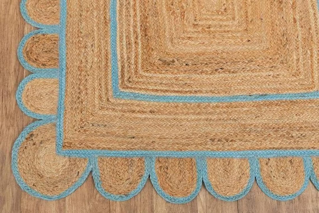 Natural With Sky Blue Border Jute Area Rug, Scallop Pattern Rug ...
