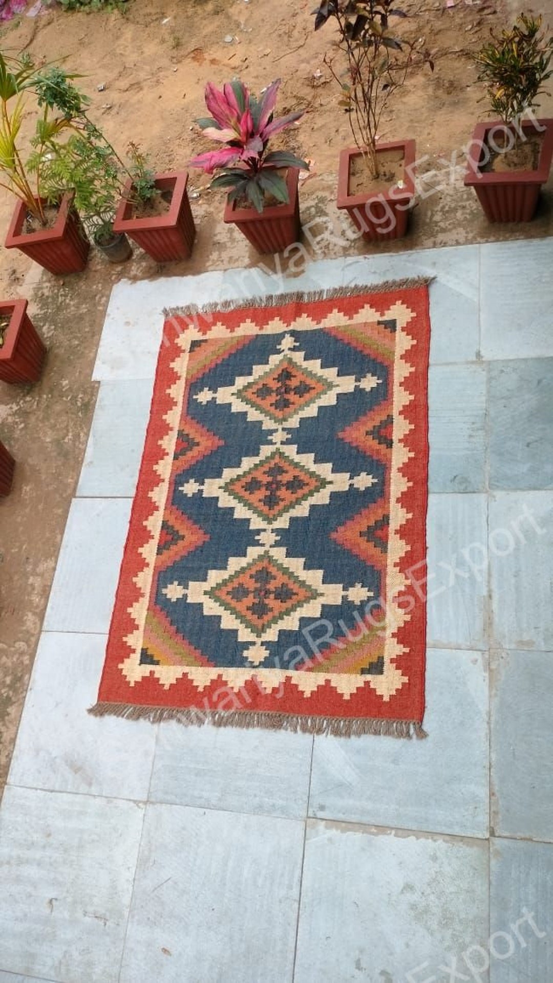 Handmade Wooven Red Border With Multi Color Wool Jute Kilim Rugs,4x6 Ft ...