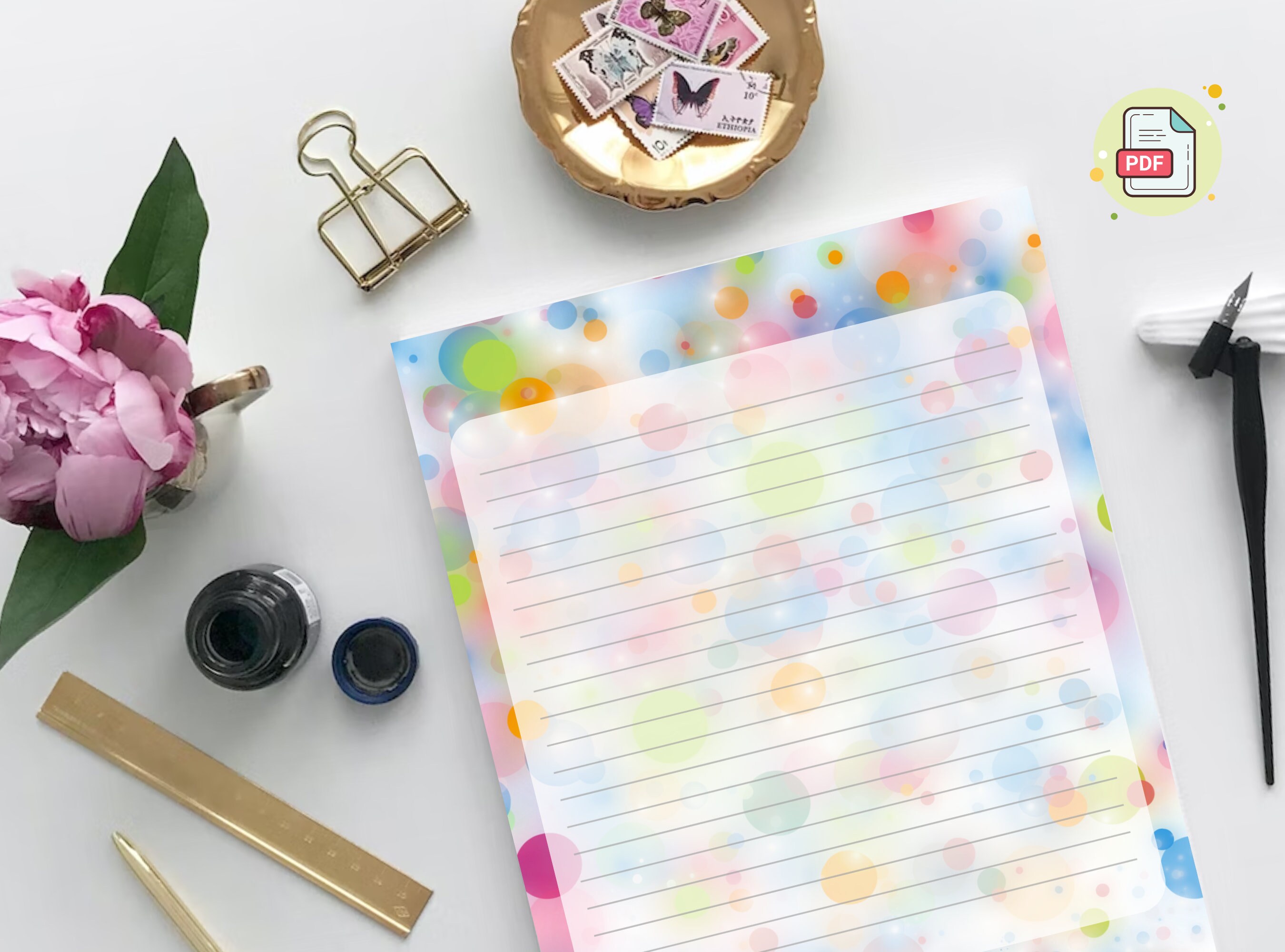 Bubbles Glow Printable Stationery Paper Colorful Bubbles, Party Journal ...