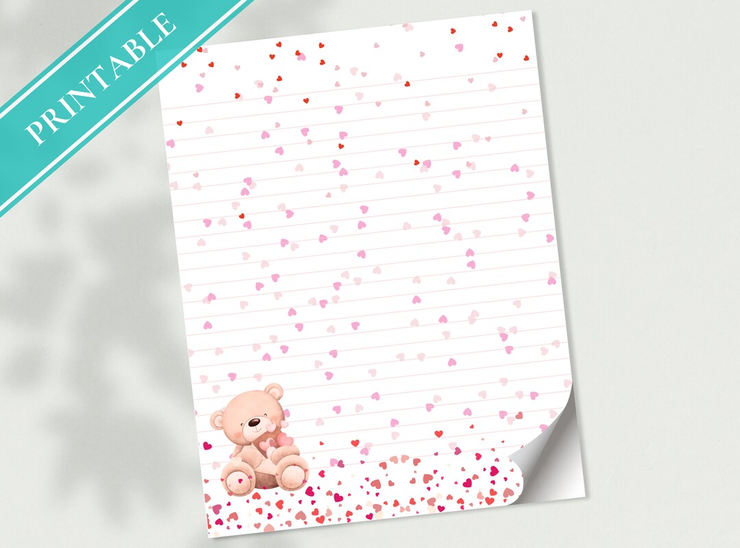 Teddy Bear & Hearts Valentine Printable Stationery Letter Writing Paper ...