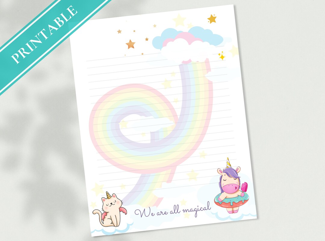 Cute Rainbow Unicorn Kitty Printable Stationery Paper - Journal Paper ...