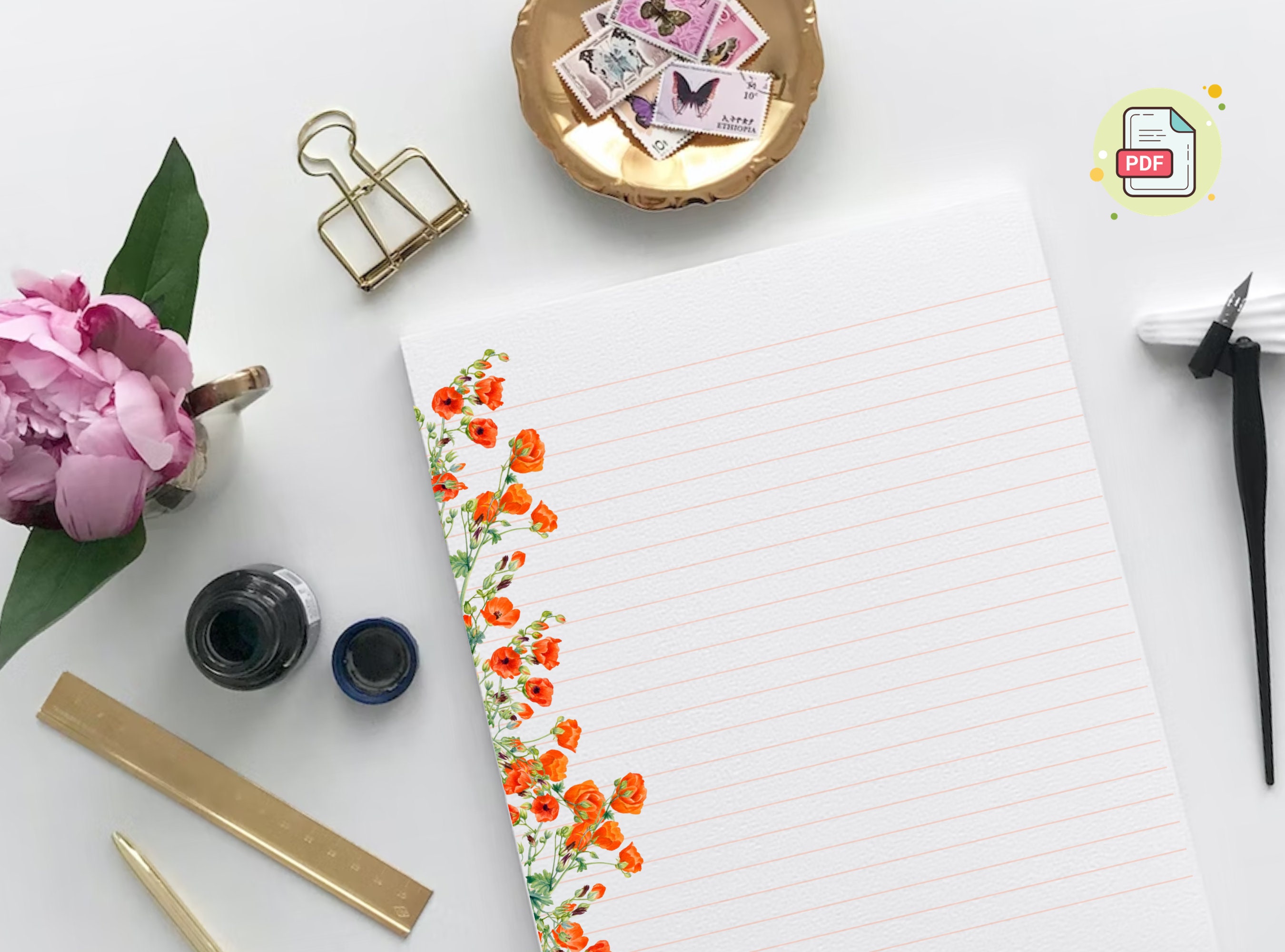 Poppies Flowers Letter Writing Paper - Printable Stationery - Love ...