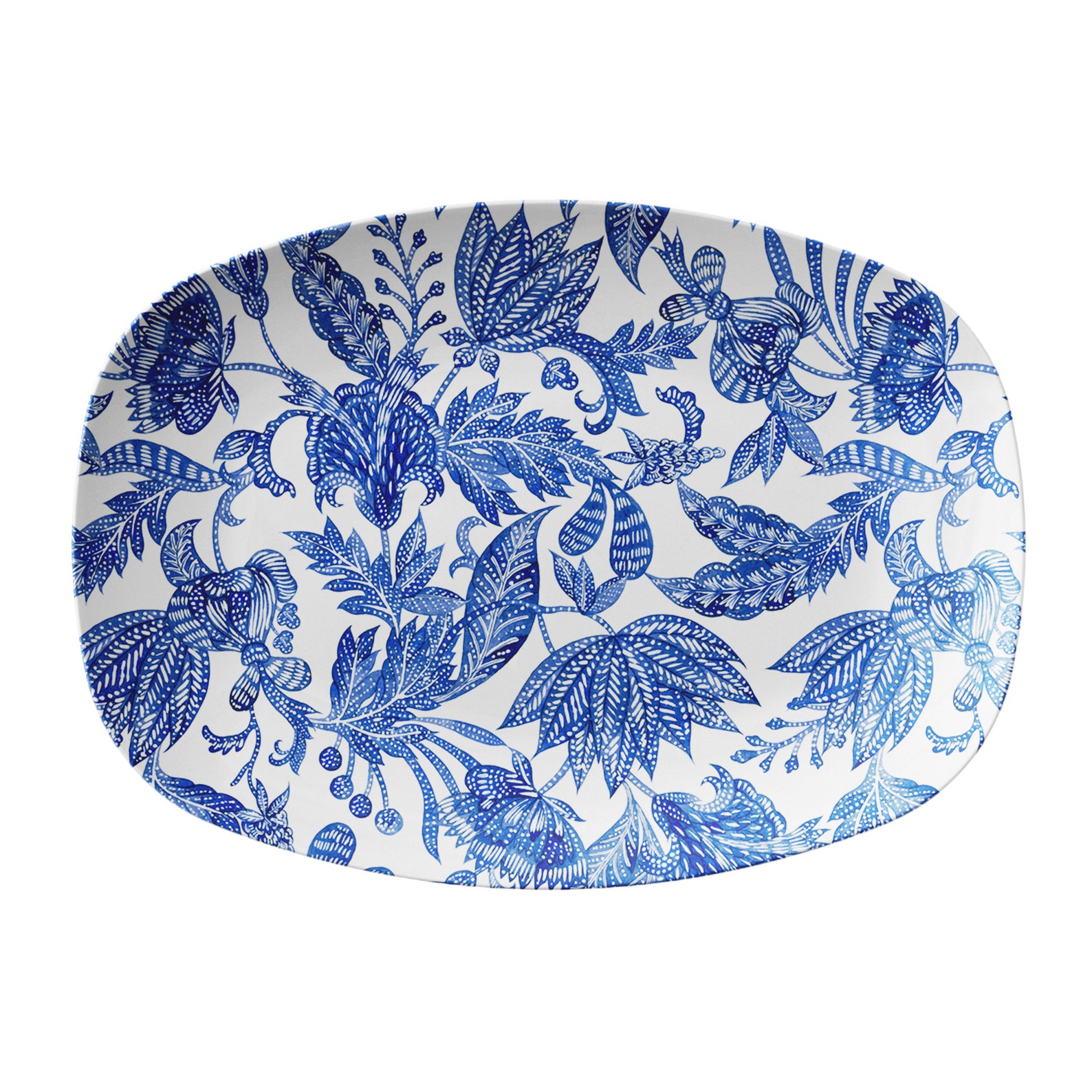 Blue & White Serving Platter, Floral Batik Serving Dish, Plastic ...