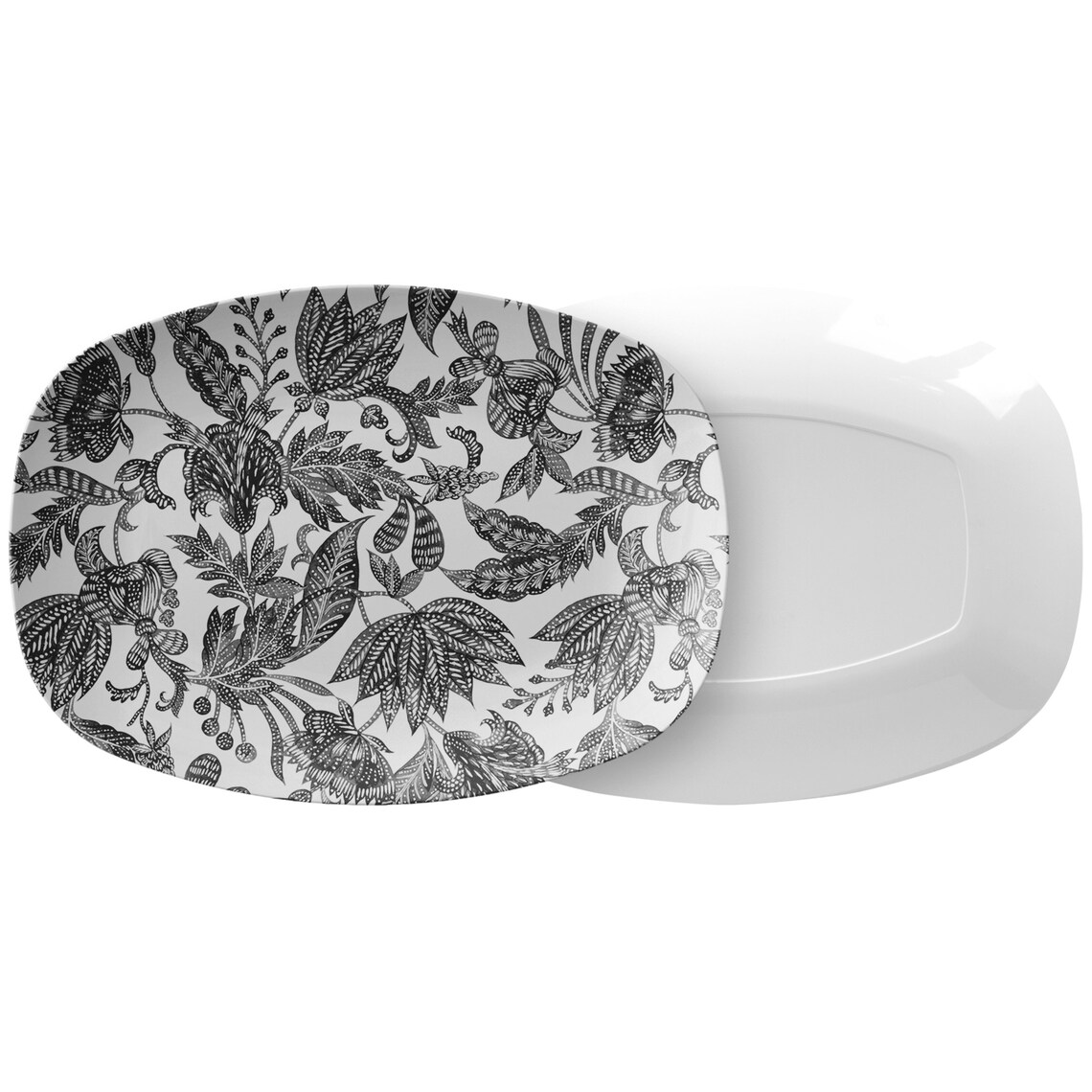 Floral Batik Serving Platter, Plastic Serving Dish, White, Grey & Black ...