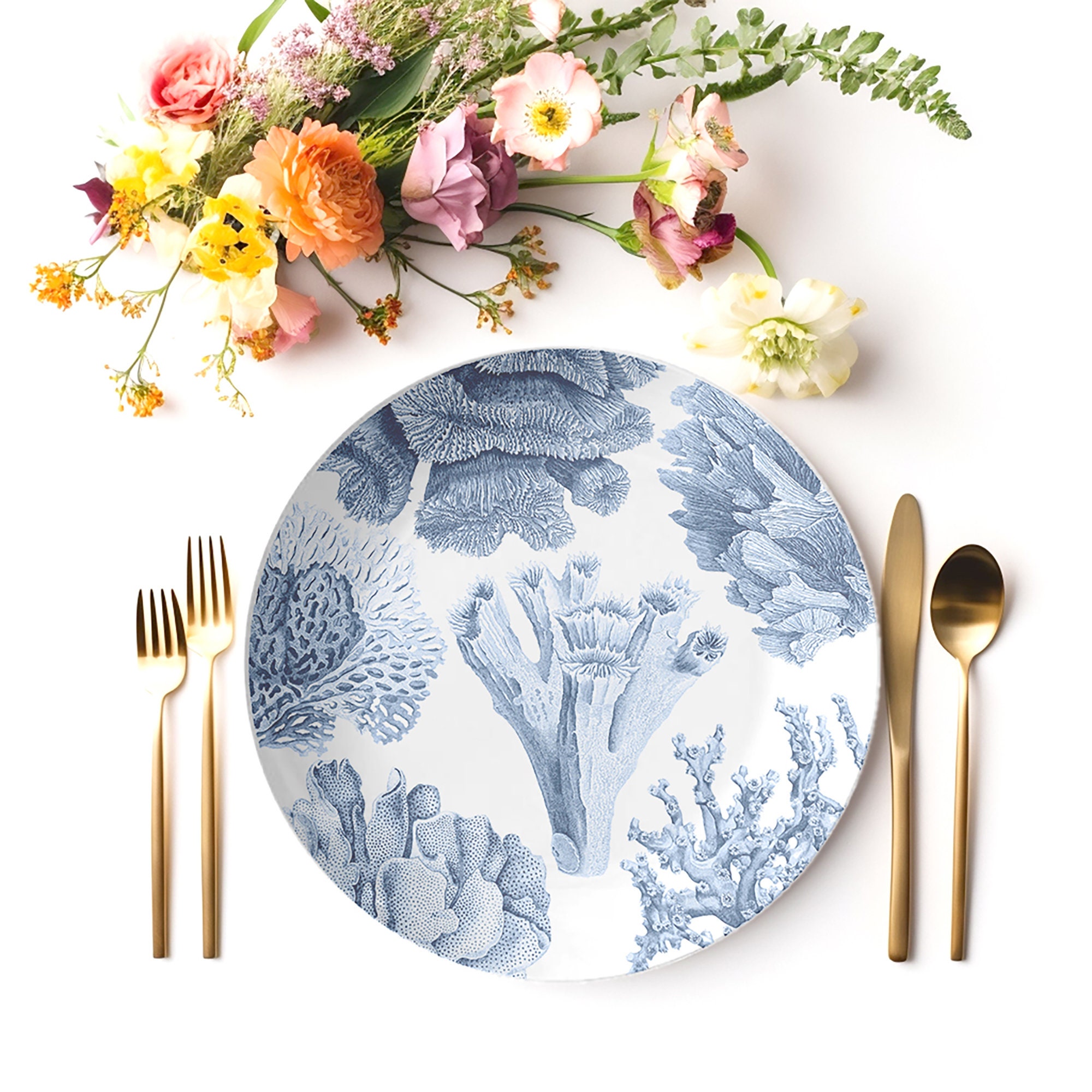 Coral Reef Plate, Blue and White, Ocean Themed Dinnerware, Lux Plastic ...
