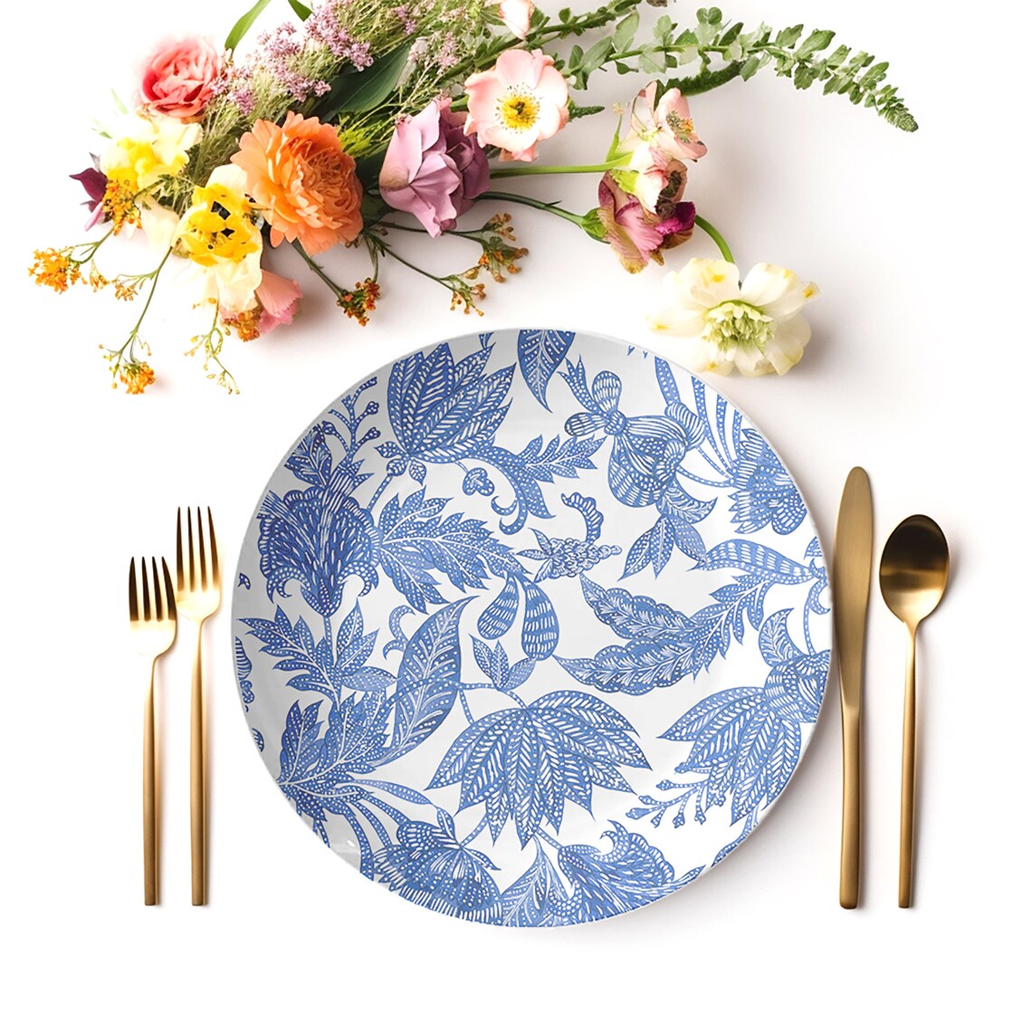 Floral Batik Plates, Set of 4, White & Indigo Blue, Thermosaf Plates ...