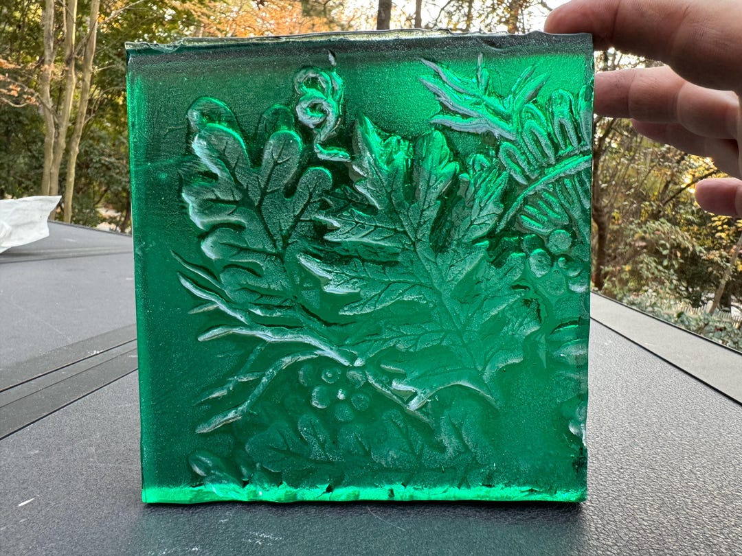 Blenko Dalle De Verre - Fall / Christmas Green Glass Slab With Leaves ...