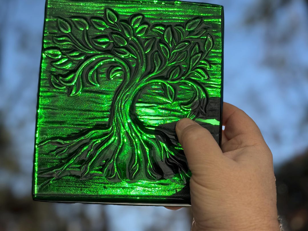 Blenko Dalle De Verre Green Glass Slab With Tree Pressed Image. - Etsy
