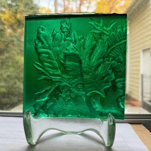 Blenko Dalle De Verre - Fall / Christmas Green Glass Slab With Leaves ...