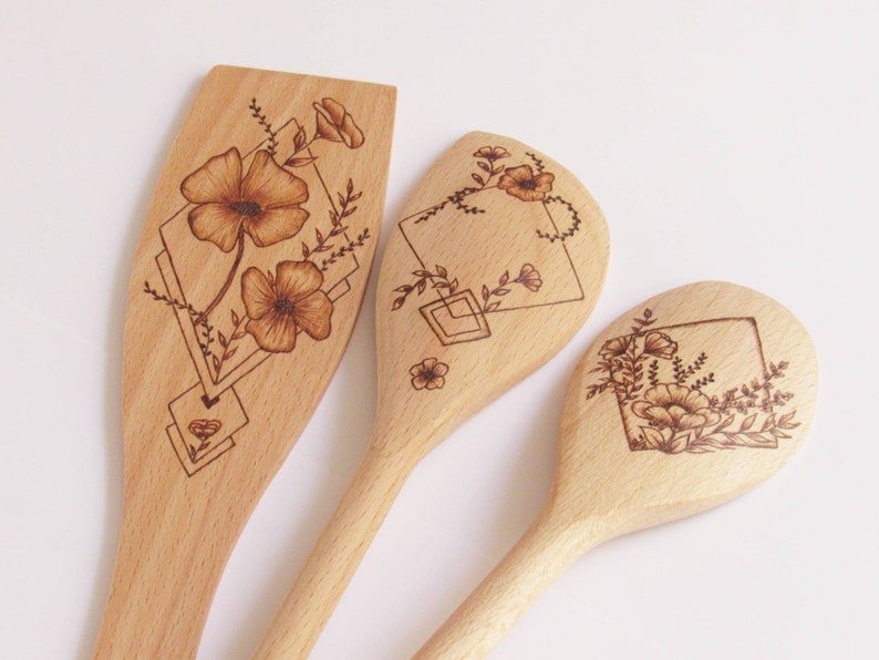 Geometric-floral Design Wooden Spoon Set - Etsy
