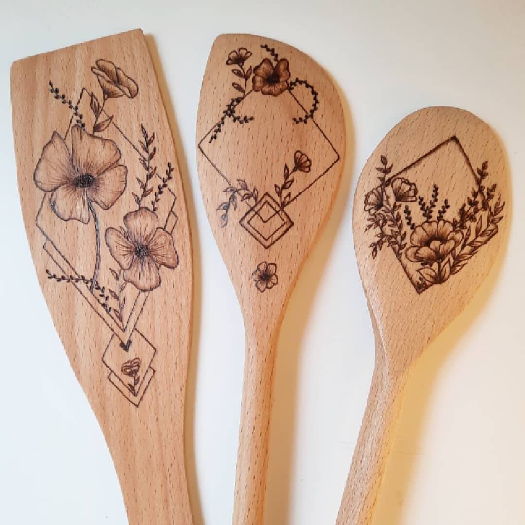 Geometric-floral Design Wooden Spoon Set - Etsy