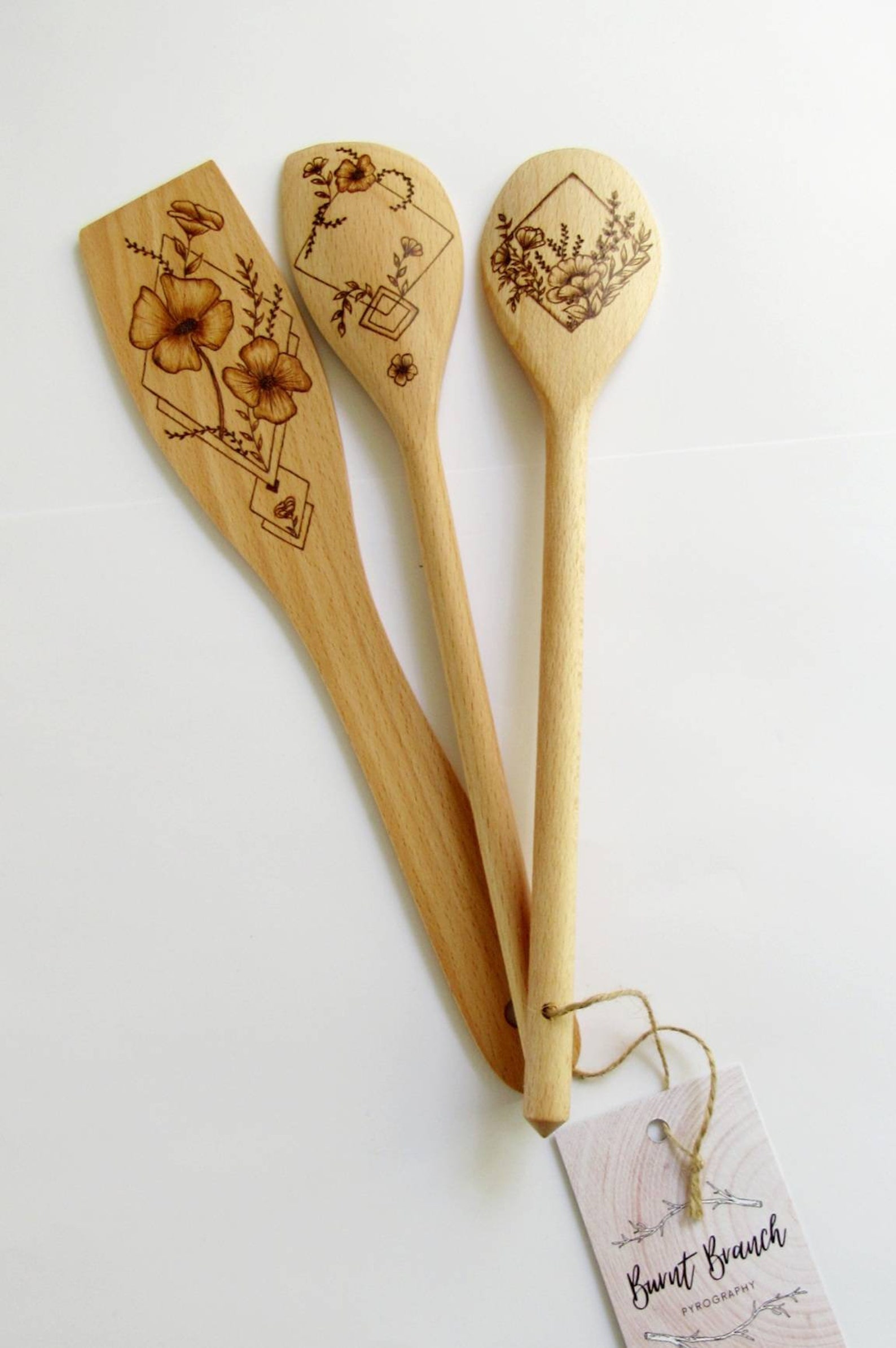 Geometric-floral Design Wooden Spoon Set - Etsy