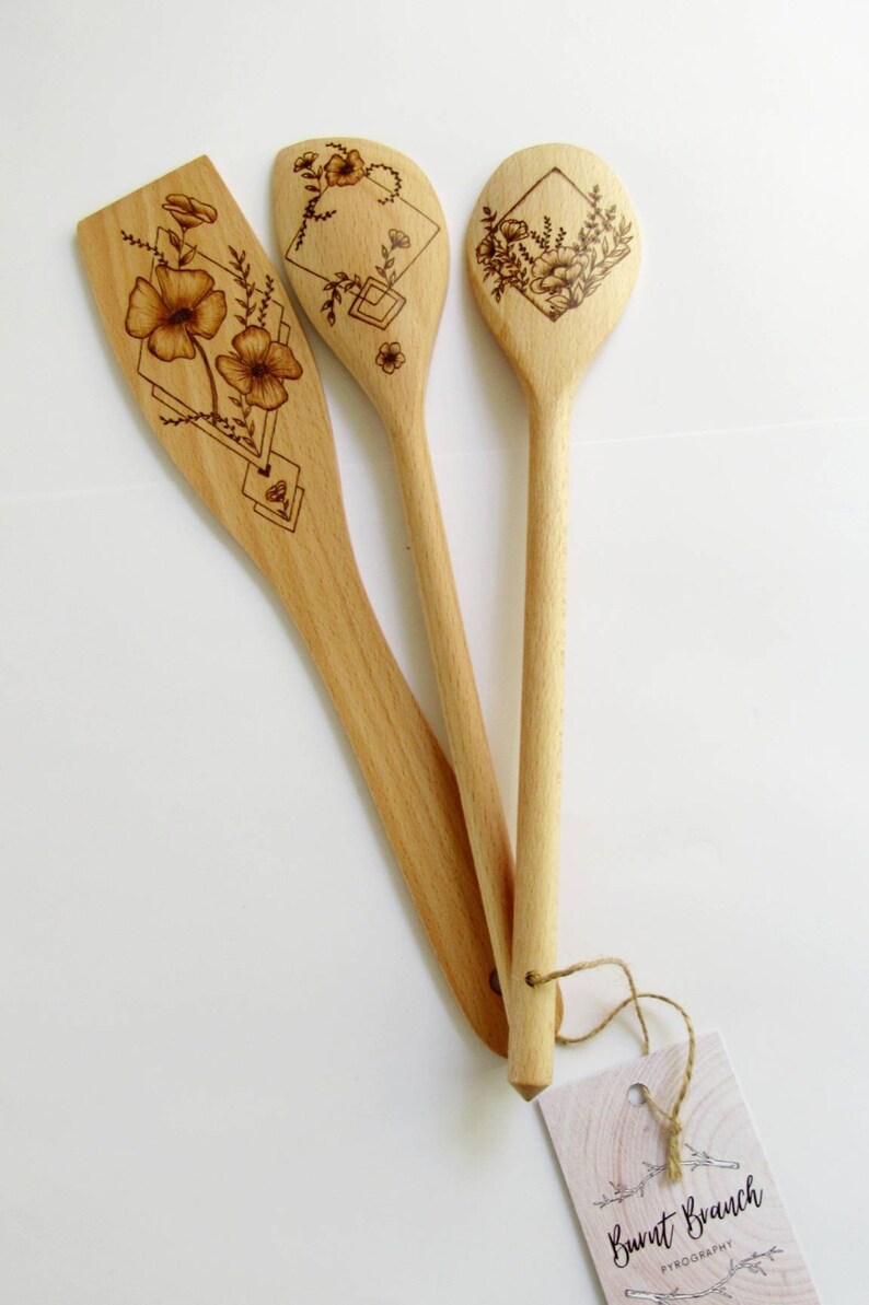 Geometric-floral Design Wooden Spoon Set - Etsy