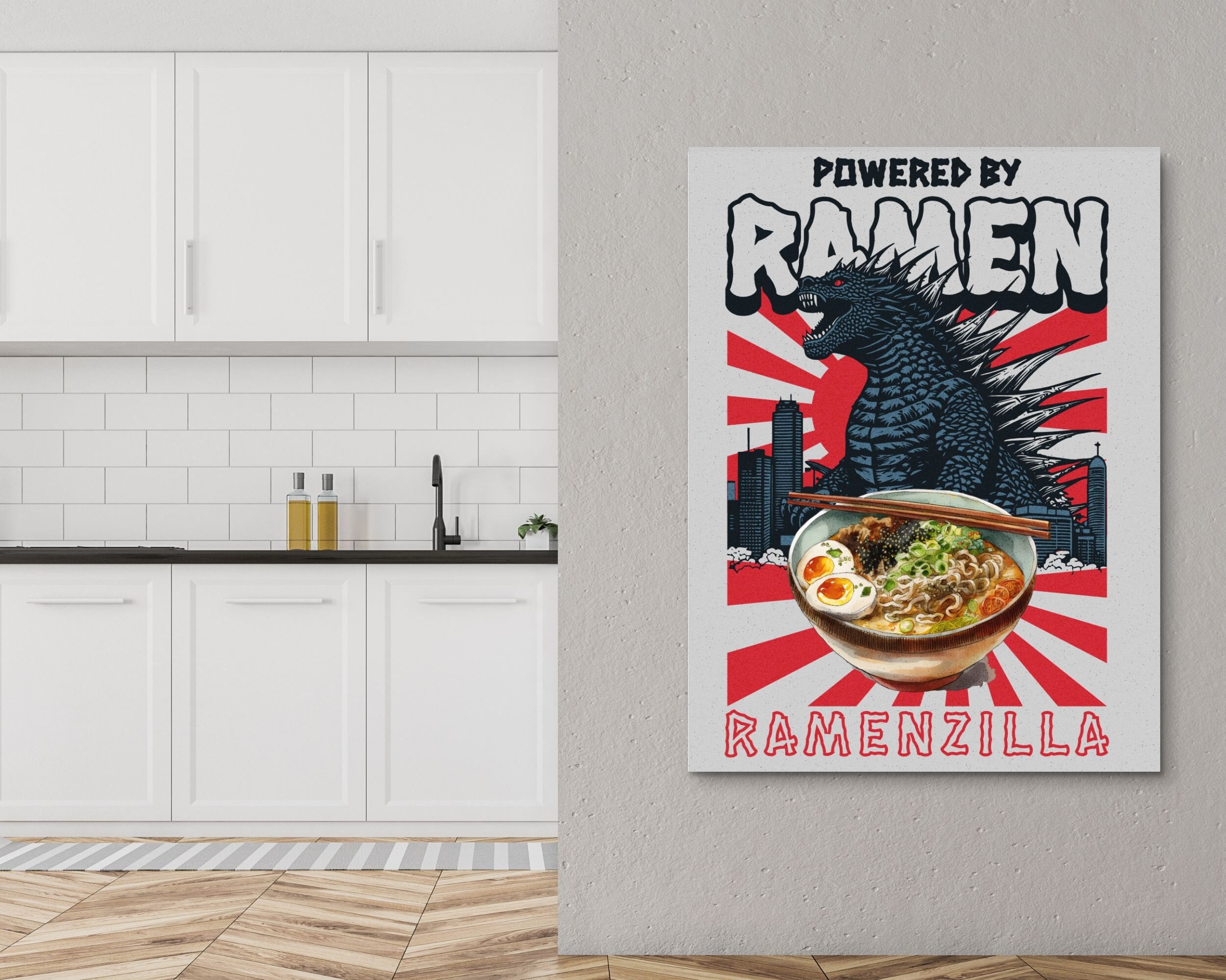 Powered by Ramen Posters Godzilla Poster Ramen Gifts Kitchen Decor ...