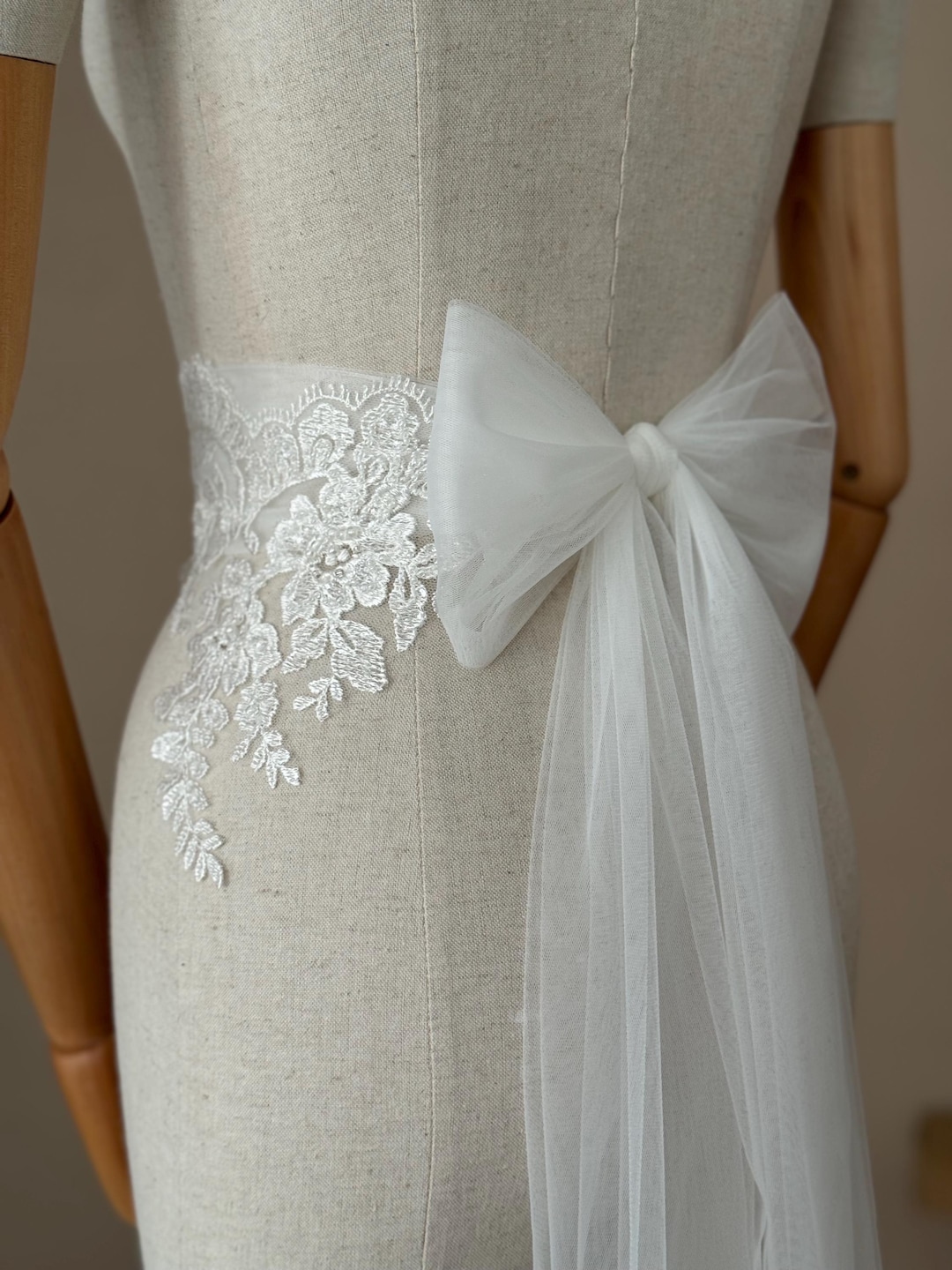 Tulle Bow Bridal Sash, Ivory Flower Beaded Lace Sash Belt, Wedding Sash ...