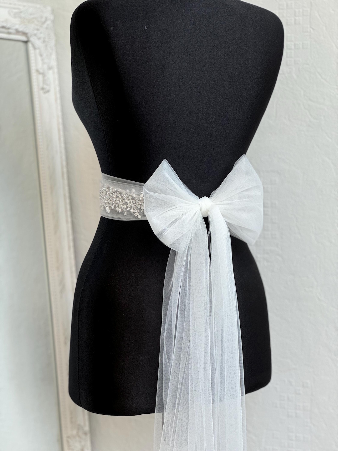 Bridal Tulle Bow Belt With Train, Oversized Wedding Sash, Ivory Bridal ...