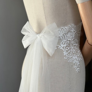 Tulle Bow Bridal Sash, Ivory Flower Beaded Lace Sash Belt, Wedding Sash ...