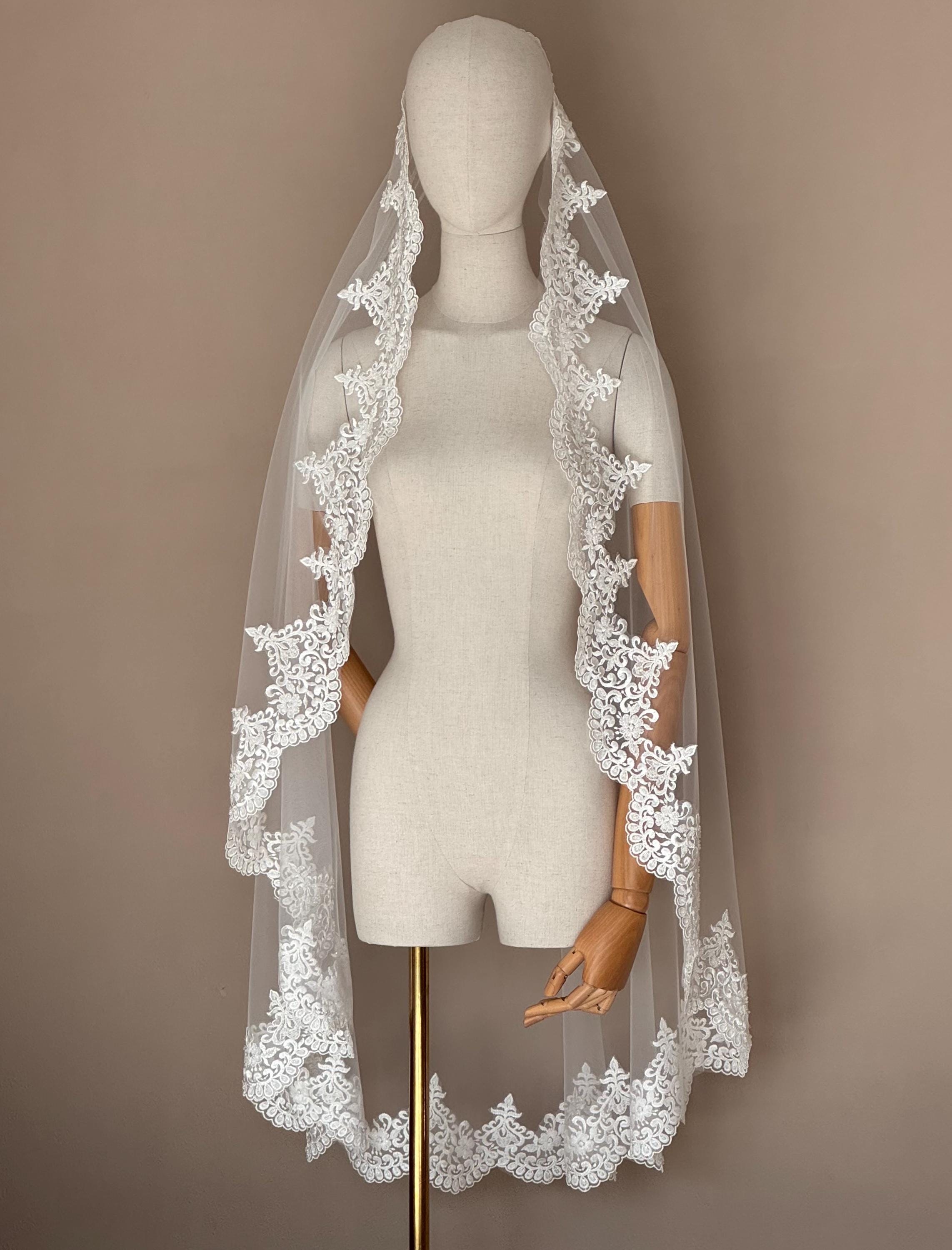 Mantilla Lace Veil, Ivory Lace Wedding Veil Fingertip, Rose Lace Veil ...