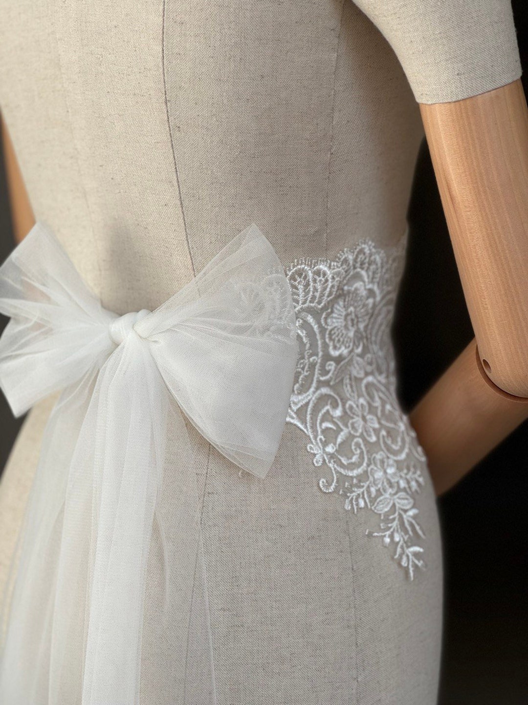 Tulle Bow Bridal Sash, Ivory Flower Beaded Lace Sash Belt, Wedding Sash ...