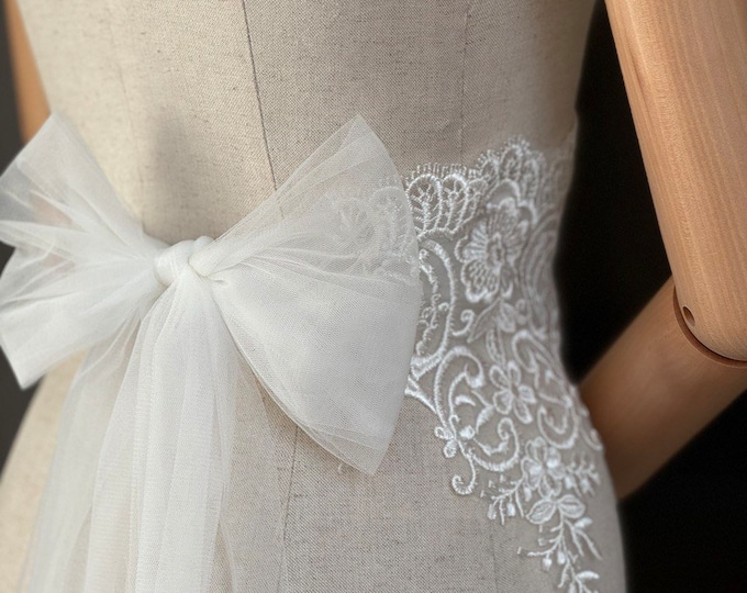 Tulle Bow Bridal Sash, Ivory Flower Beaded Lace Sash Belt, Wedding Sash ...