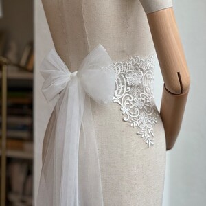 Tulle Bow Bridal Sash, Ivory Flower Beaded Lace Sash Belt, Wedding Sash ...