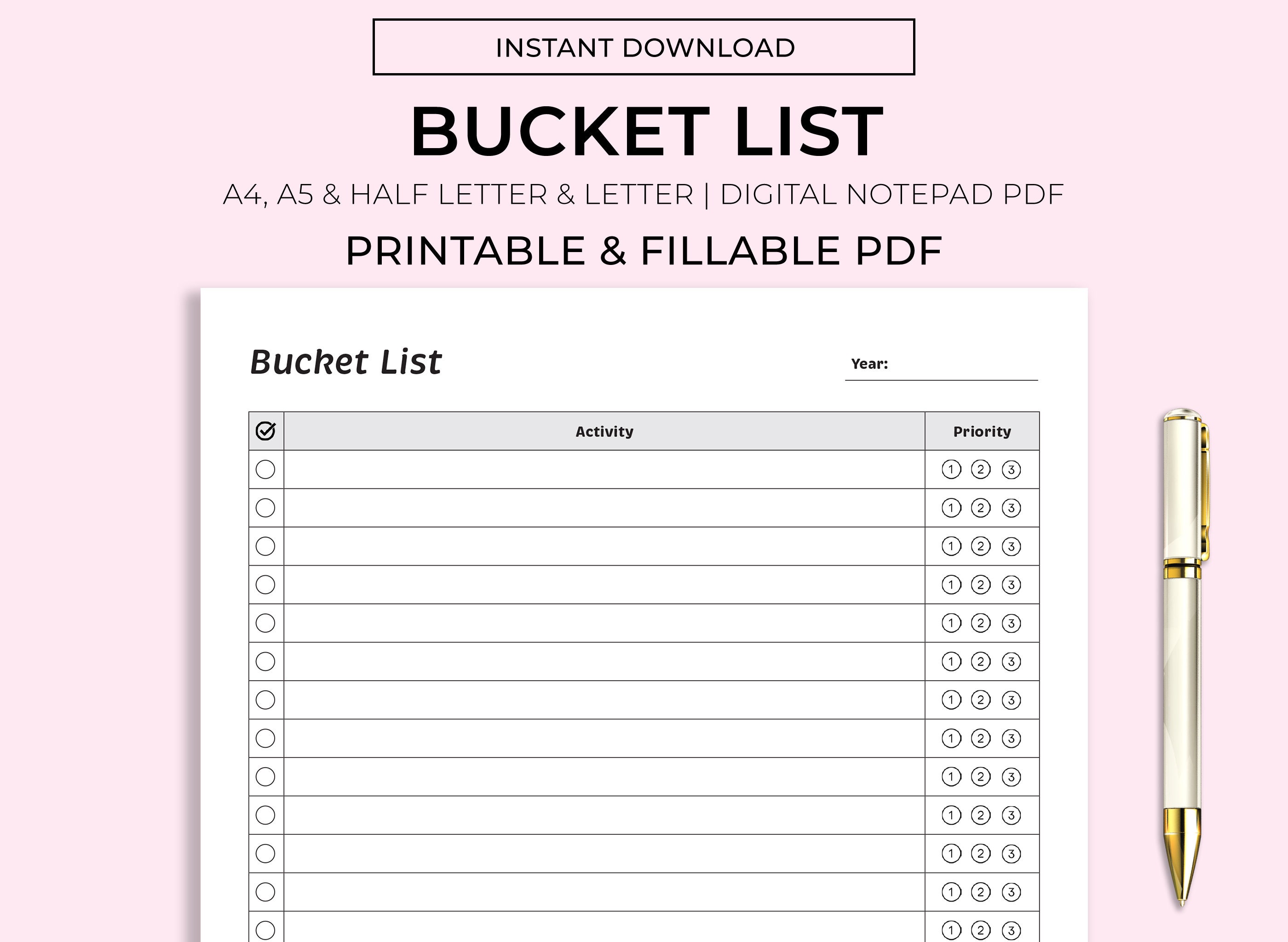 Bucket List, Digital Notepad Planner, Editable Goal Planner, Printable ...