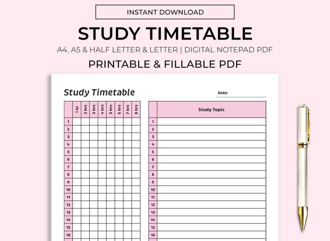 Study Timetable Planner, Student Planner, Student Printable, Desk ...