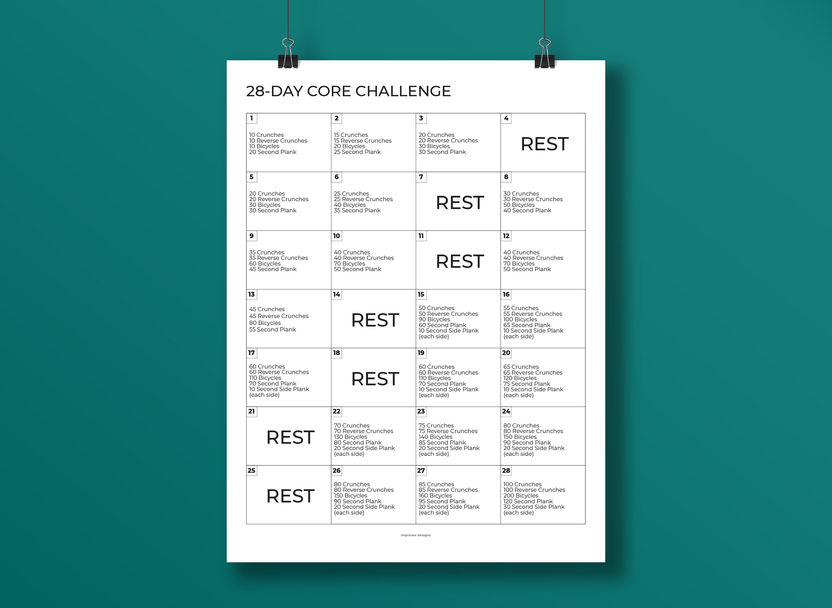 28-day Core Challenge Printable Abs Workout Planner Instant Download A4 ...