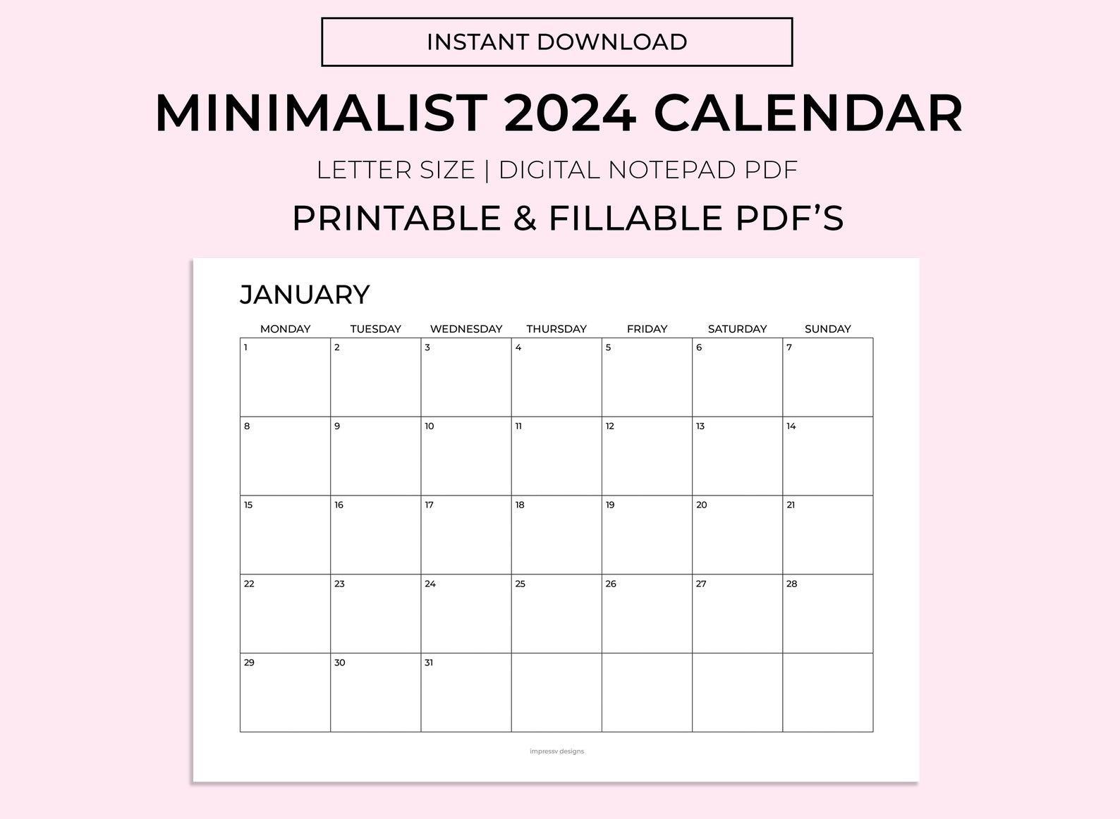 Minimalist 2024 Calendar, Digital Notepad Planner, Editable Planner ...