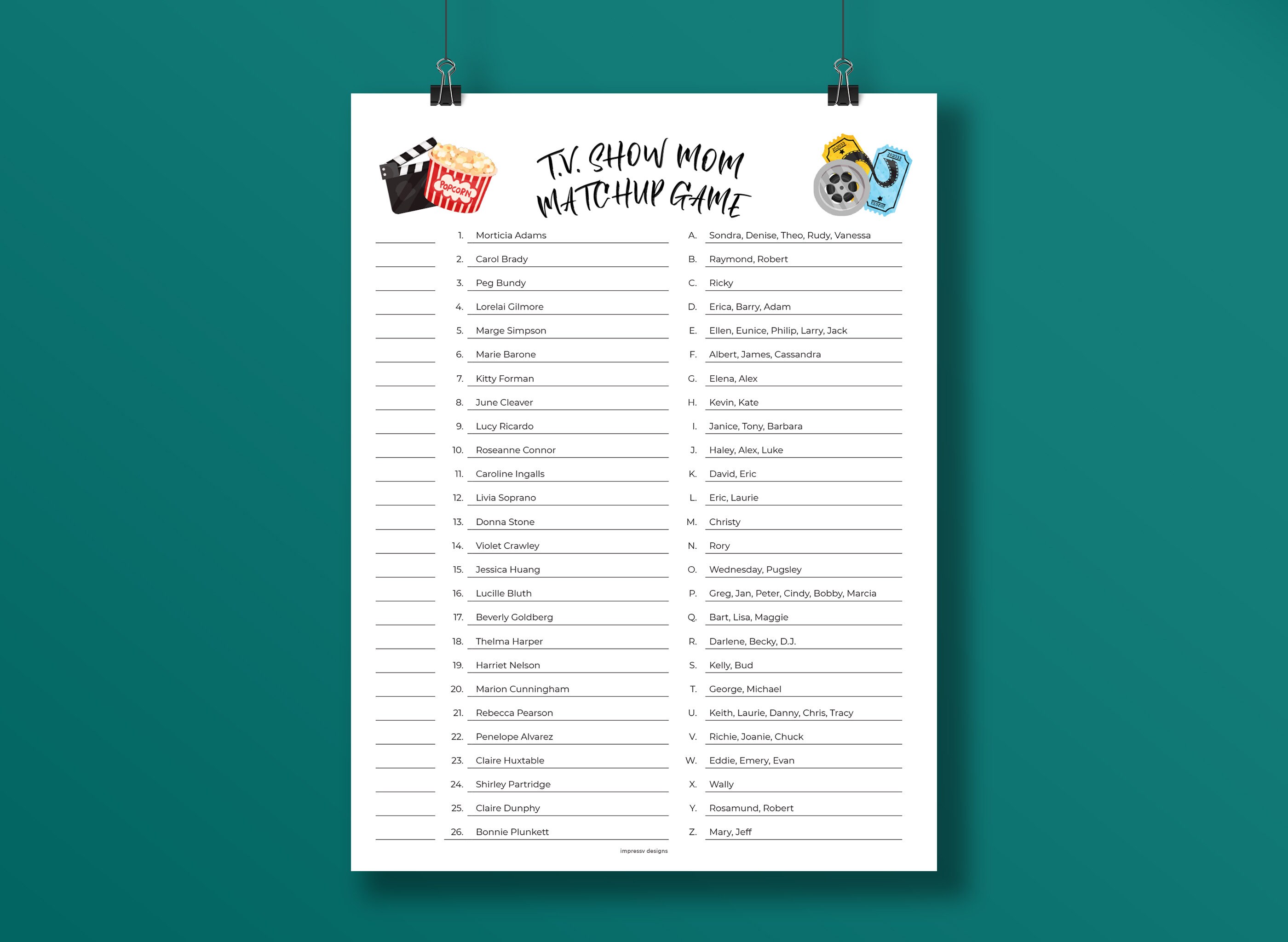 Printable Mother's Day Game | TV Show Mom Matchup Game | Printable ...