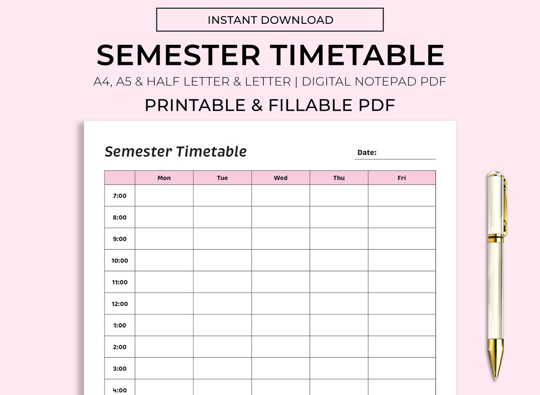 Semester Timetable Planner, Student Planner, Student Printable, Desk ...