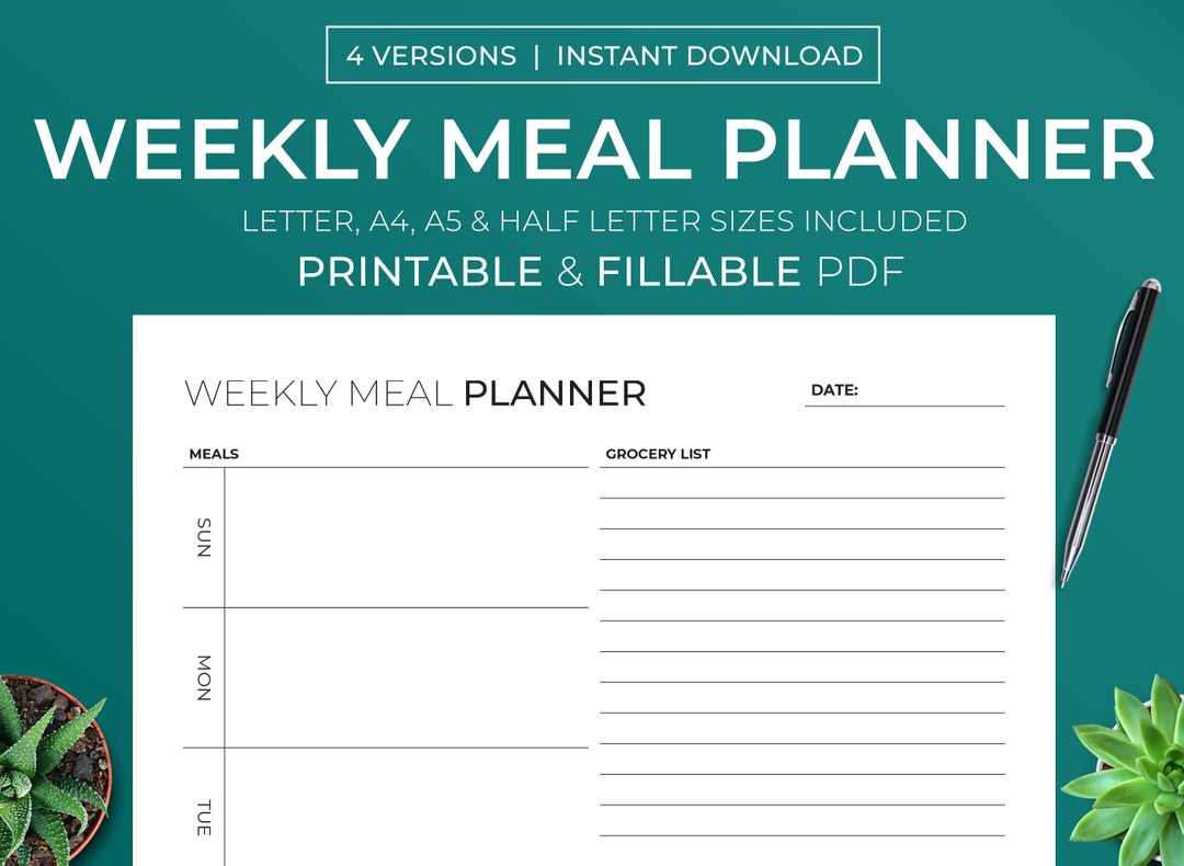 Weekly Meal Planner W/grocery List ⦁ Fillable & Printable ⦁ 7 Day Menu ...