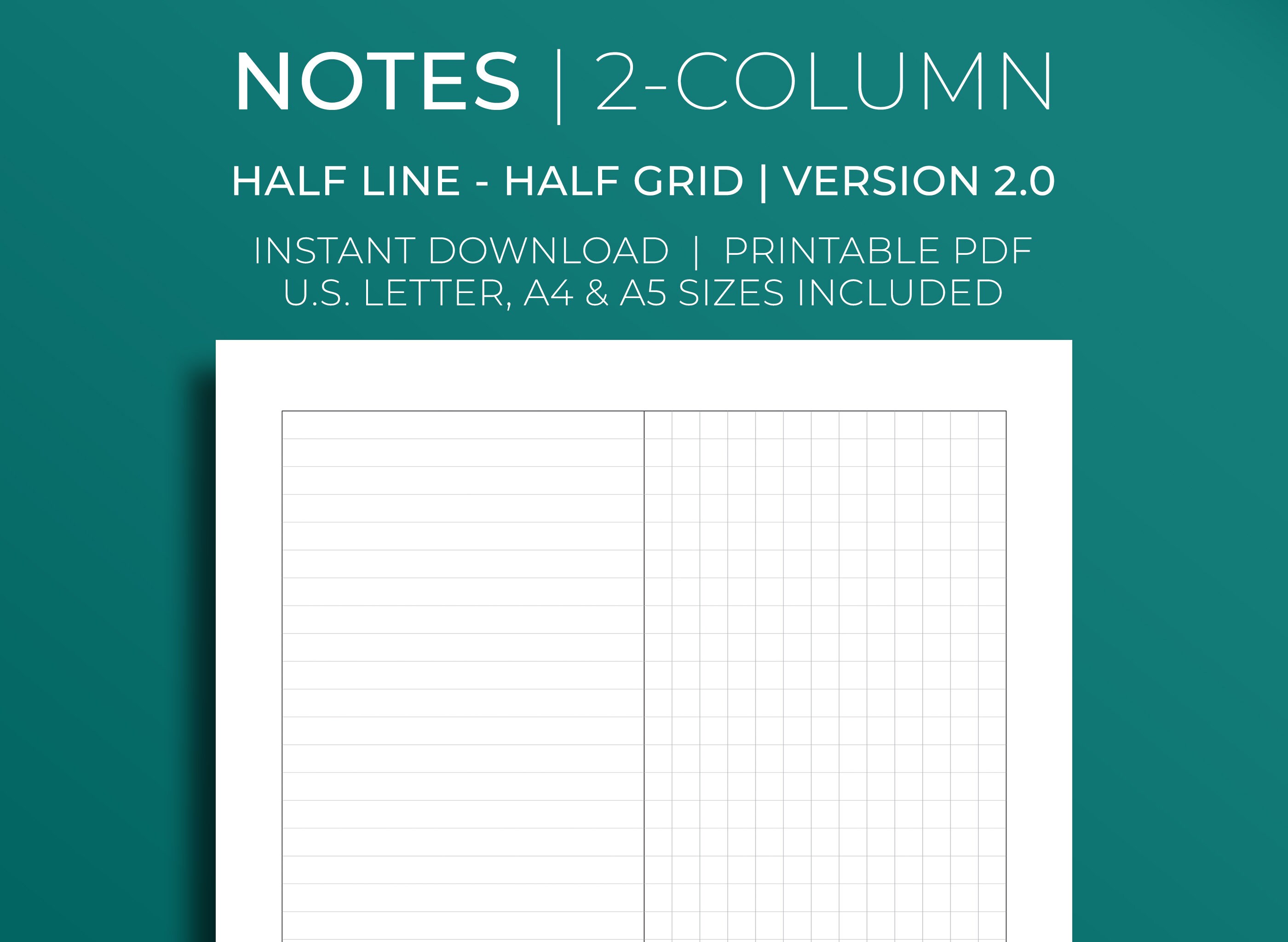 2 Column Notes, Half Grid Half Lined, Version 2.0 ⦁ Instant Download ...