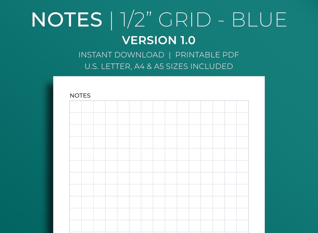 Printable Grid Paper, 1/2" Blue Grid, Version 1.0 ⦁ Instant Download ...