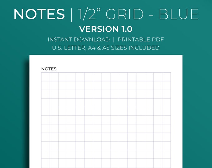 Printable Grid Paper, 1/2" Blue Grid, Version 1.0 ⦁ Instant Download ...
