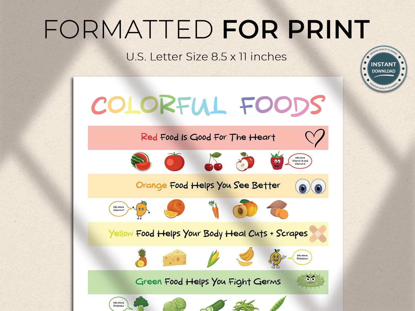 Kids Printable Colorful Foods Poster, Rainbow Foods Chart, Kids Food ...