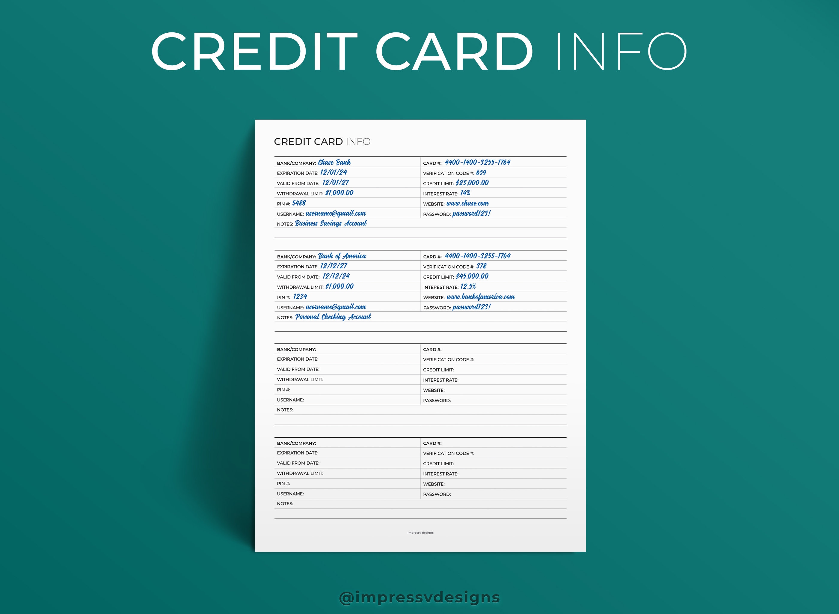 Credit Card Info Minimalist Printable Productivity PDF Template Planner ...