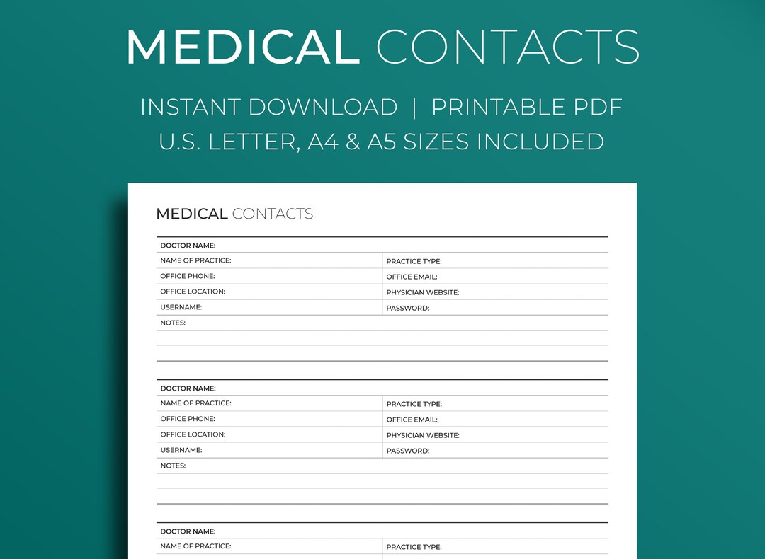 Medical Contacts ⦁ Minimalist Printable Productivity PDF Template ...