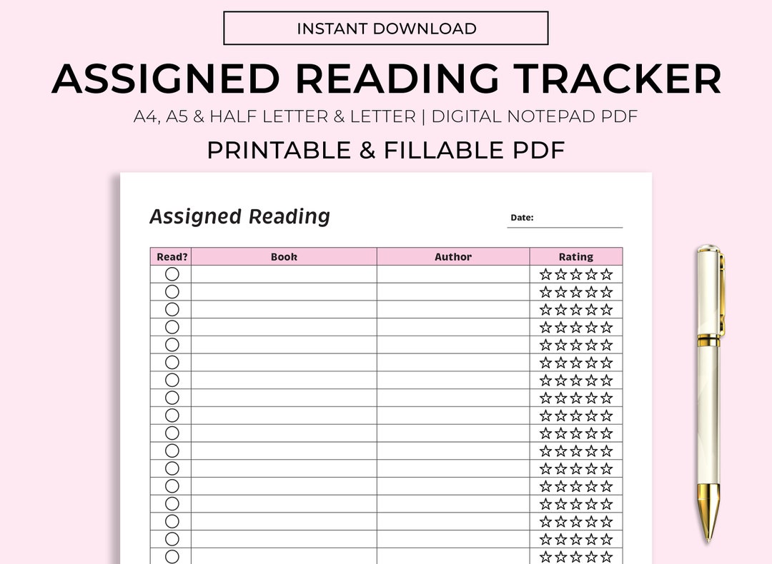 Assigned Reading List Tracker, Student Planner, Student Printable, Desk ...