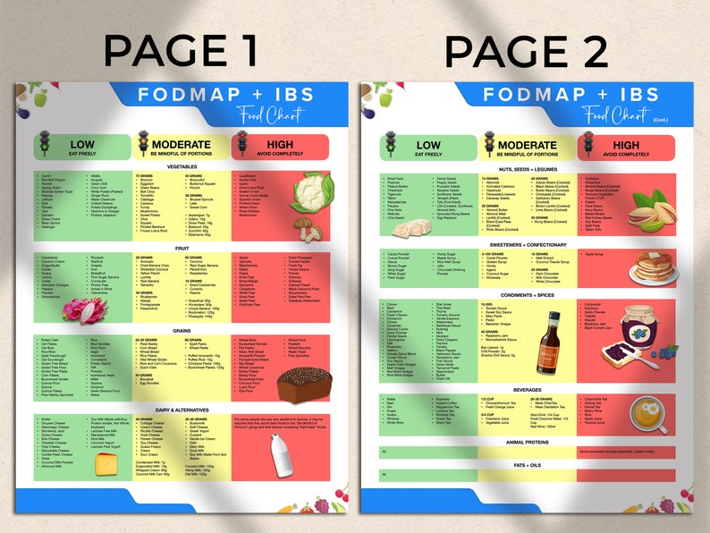 Fodmap & IBS Food Chart W/ Low Fodmap Snacks, Fodmap Food Chart, IBS ...